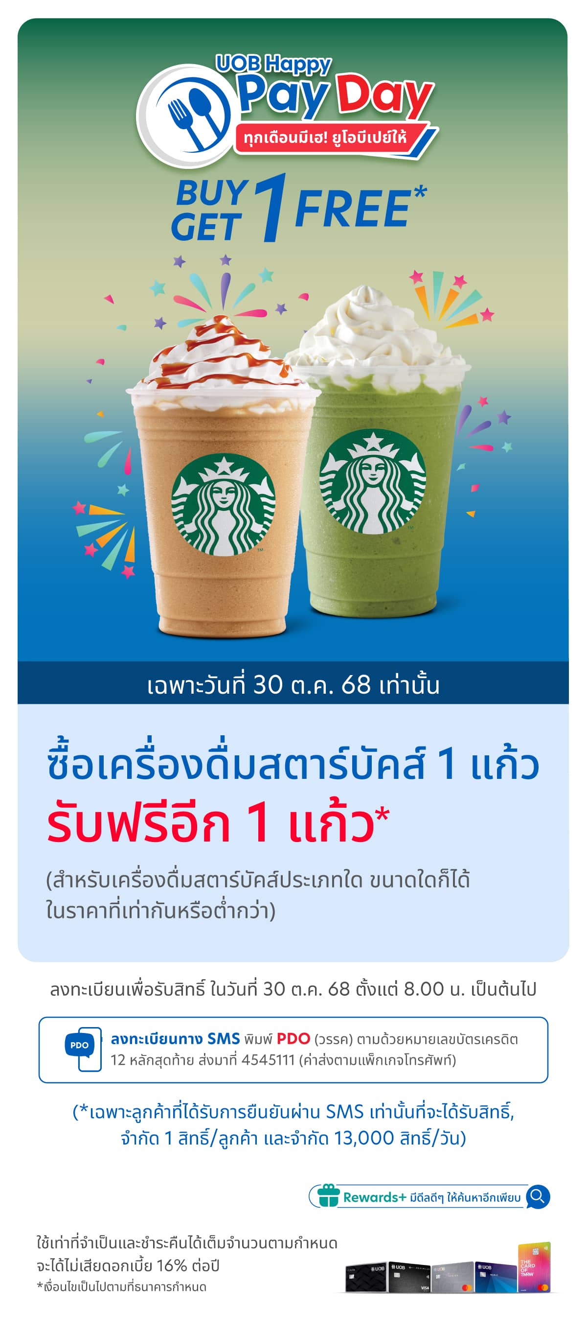 UOB Happy Pay Day ซื้อ 1 รับฟรี 1 ที่สตาร์บัคส์