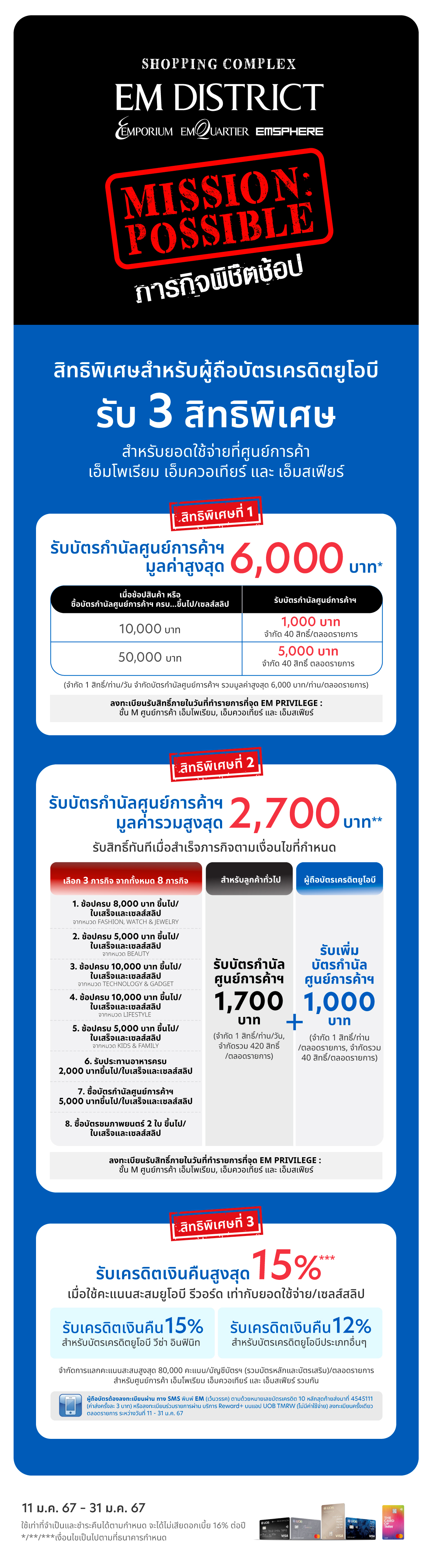 รับ 3 สิทธิพิเศษ สำหรับยอดใช้จ่ายที่ศูนย์การค้า เอ็มโพเรียม เอ็มควอเทียร์ และ เอ็มสเฟียร์