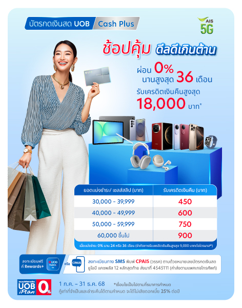 แบ่งชำระ 0% นานสูงสุด 36 เดือน พร้อมรับเครดิตเงินคืนสูงสุด 18,000 บาท เมื่อผ่อนชำระสินค้า ณ ...